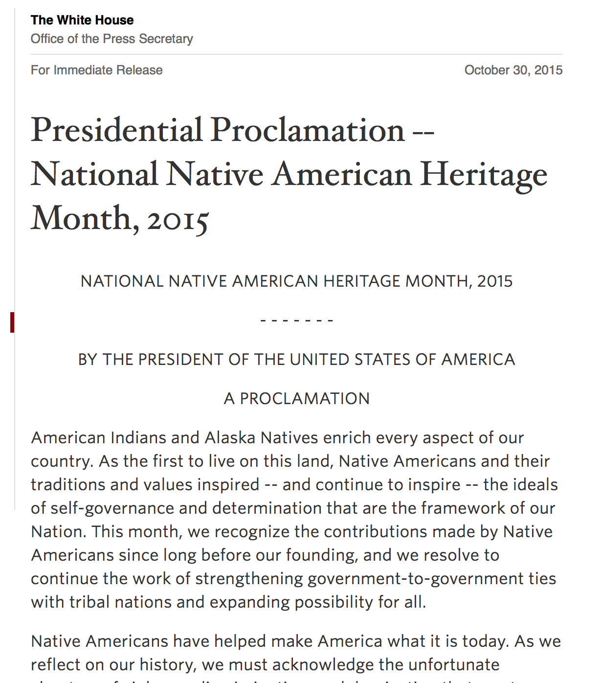 President Obama Proclamation: National Native American Heritage Month ...